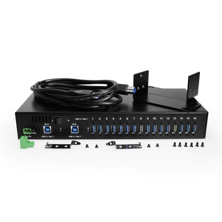 16 Port USB 3.2 Gen 1 Rack Mount Hub w/Surge Protection and DIN Rail
