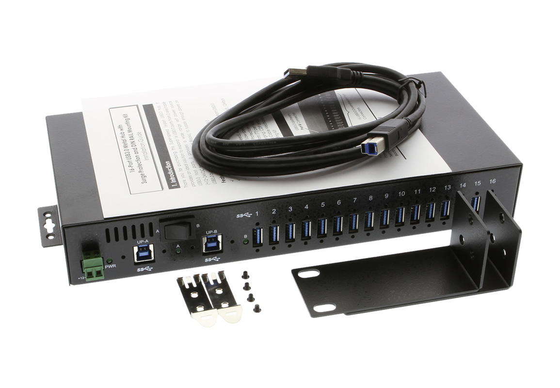 16 Port USB 3.0 Metal Hub w/Surge Protection - Rack/DIN-RAIL Mountable ...
