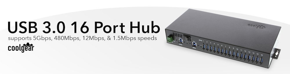16 Port USB 3.0 Rack Mount Hub w/Surge Protection and DIN Rail