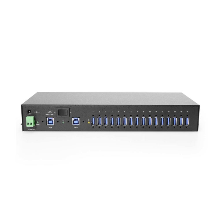16 Port USB 3.2 Gen 1 Rack Mount Hub w/Surge Protection & DIN Rail