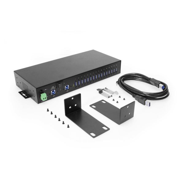 16 Port USB 3.2 Gen 1 Rack Mount Hub w/Surge Protection & DIN Rail