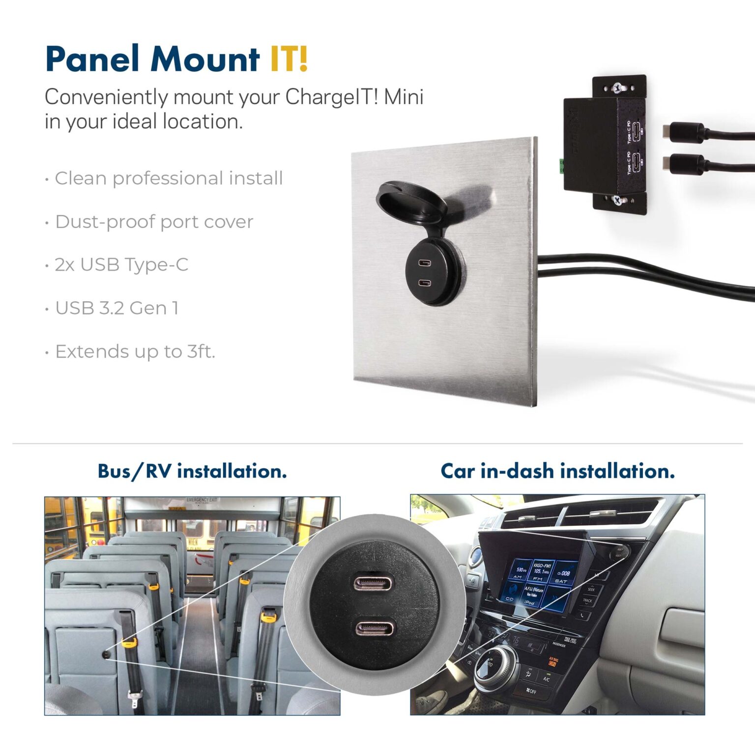 3ft. USB Panel Mount Extension 2 x Type C 3.2 Gen 1 Male to Female ...