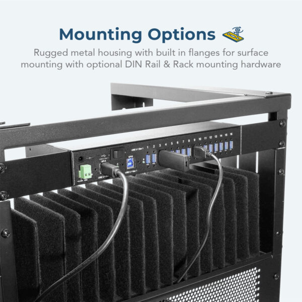 16 Port USB 3.2 Gen 1 Rack Mount Hub w/Surge Protection & DIN Rail