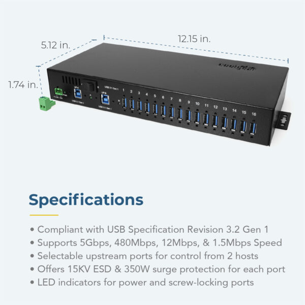 16 Port USB 3.2 Gen 1 Rack Mount Hub w/Surge Protection & DIN Rail