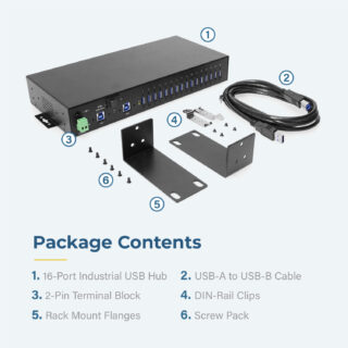16 Port USB 3.2 Gen 1 Rack Mount Hub w/Surge Protection & DIN Rail