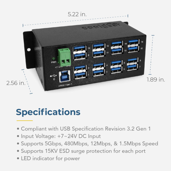 16 Port USB 3.2 Gen 1 Hub w/ ESD Surge Protection - Coolgear